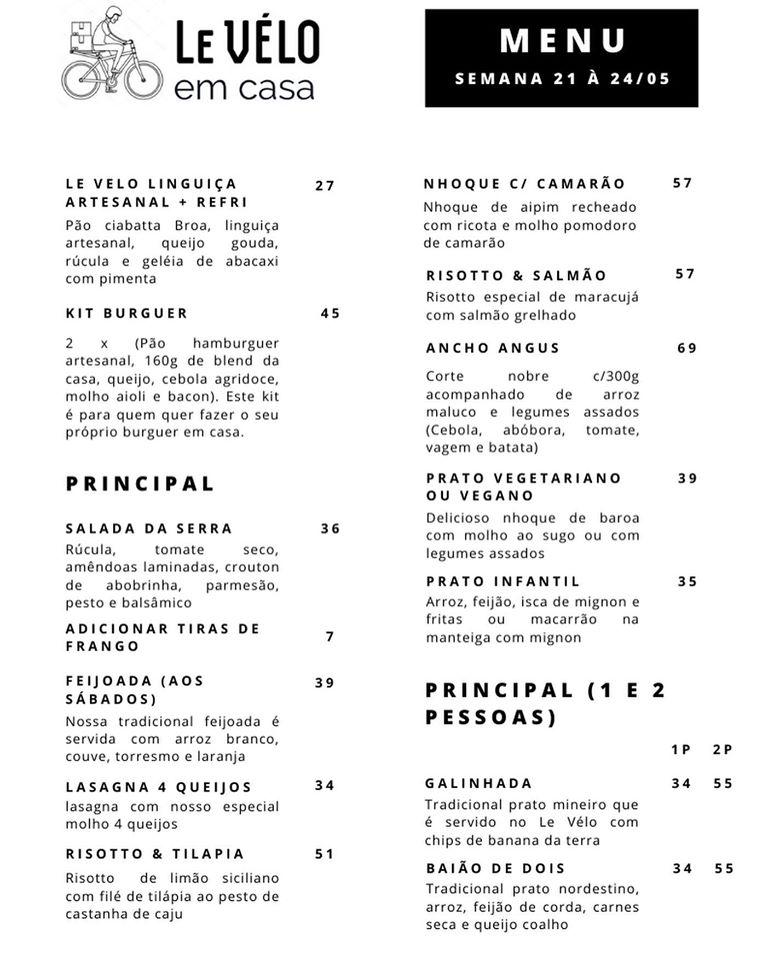 Menu at Le Vélo Montagne restaurant, Miguel Pereira, Av. Mal. Rondon