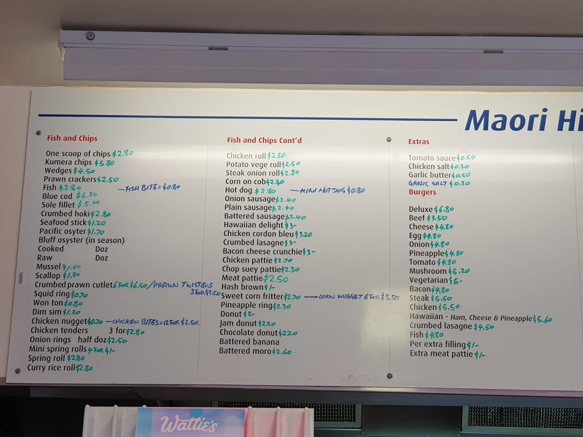 Menu at Maori Hill Takeaways fast food, Dunedin