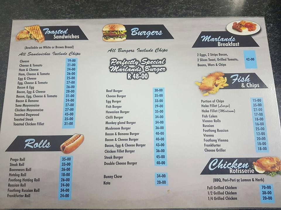 Menu at Marlands Fast Foods, Germiston, corner 2nd st and