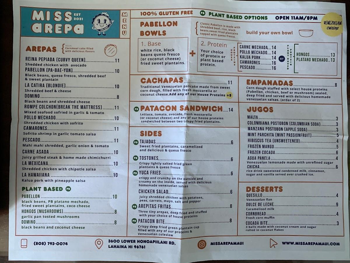 Menu at Miss Arepa restaurant, Lahaina, Lower Honoapiilani Rd suite a