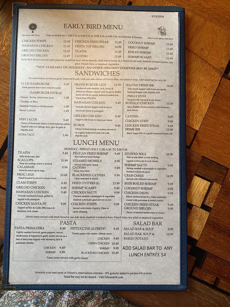 Menu at Pelican's Restaurant, Midwest City