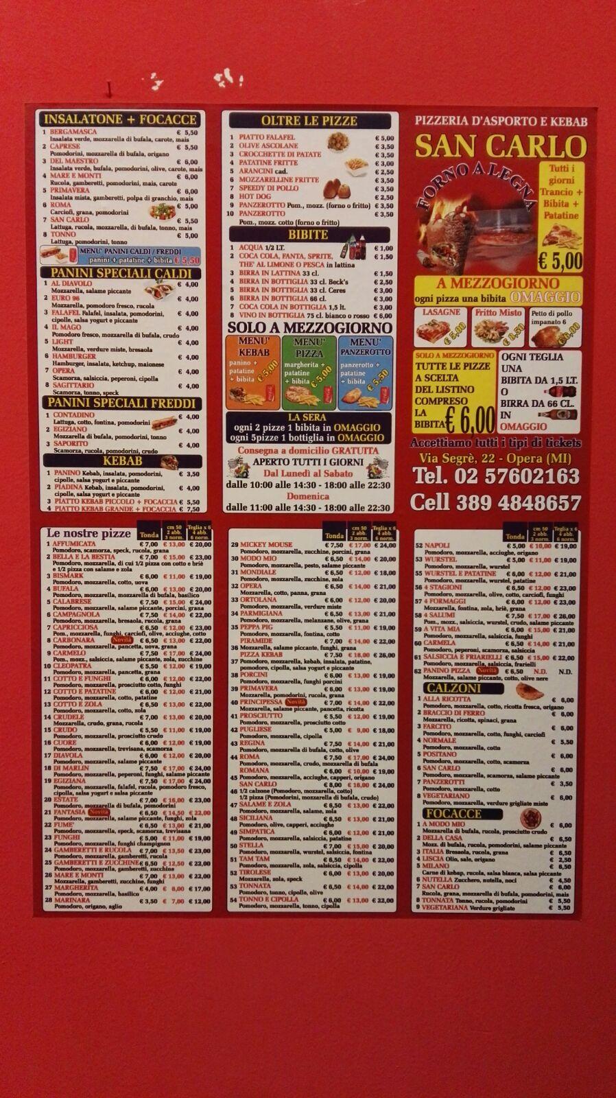 Menu da Pizzeria San Carlo Opera, Opera