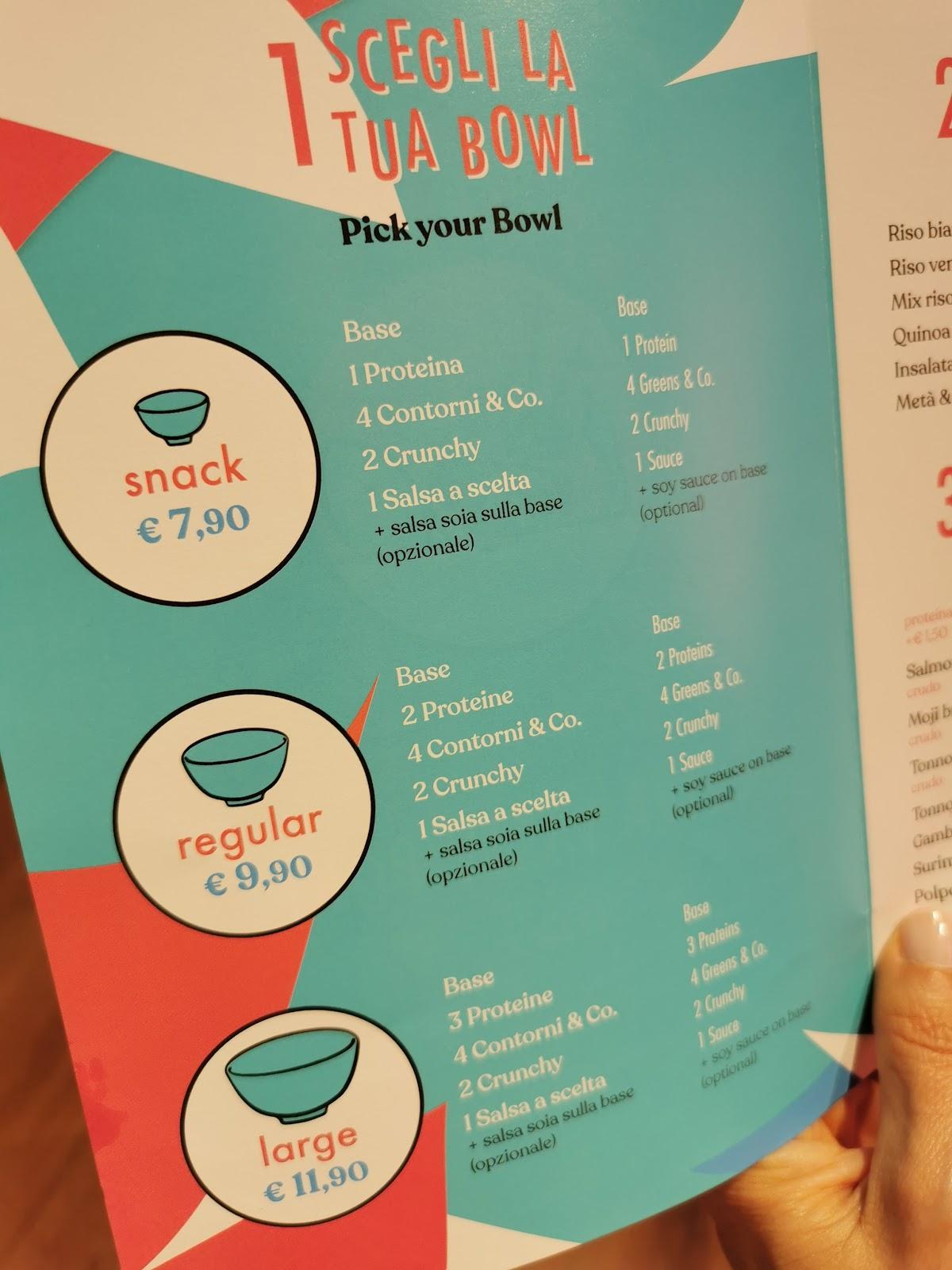 Menu at Poke Sun-rice restaurant, Padua