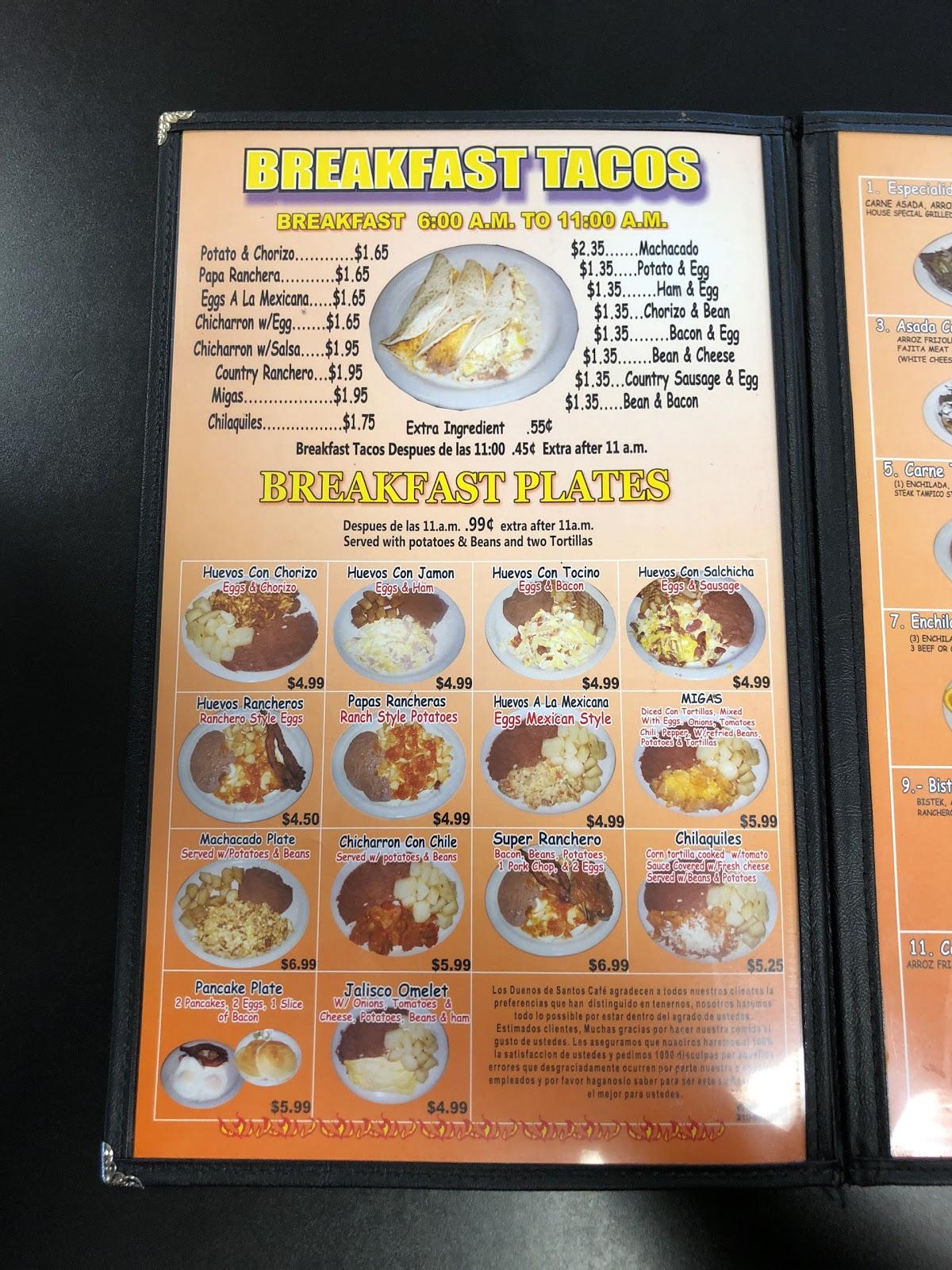 Menu at Santos Cafe, San Antonio, 603 Isom Rd Ste 105