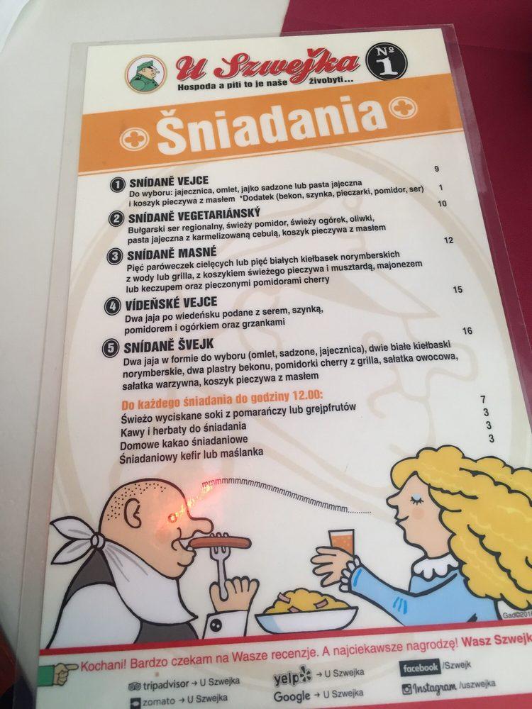 Menu at U Szwejka restaurant, Warsaw
