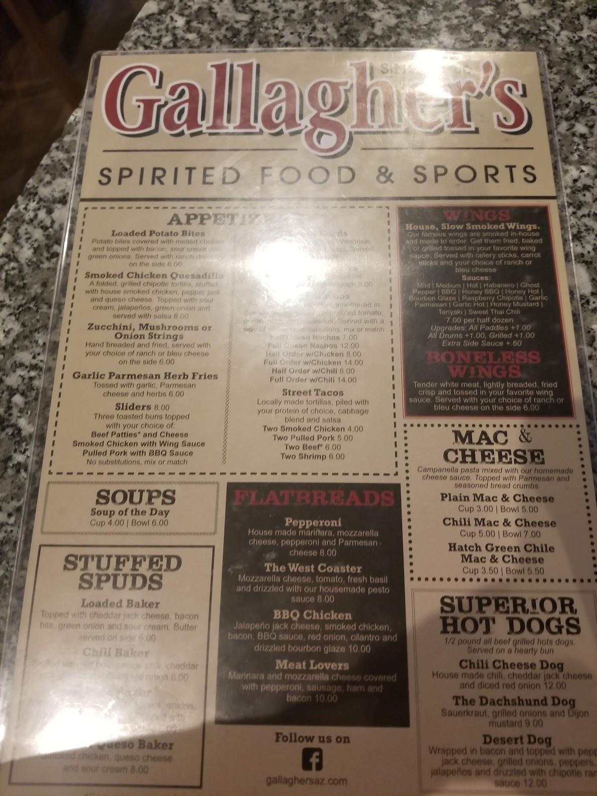 Menu at Gallagher's Sports Grill pub & bar, Phoenix, N 16th St