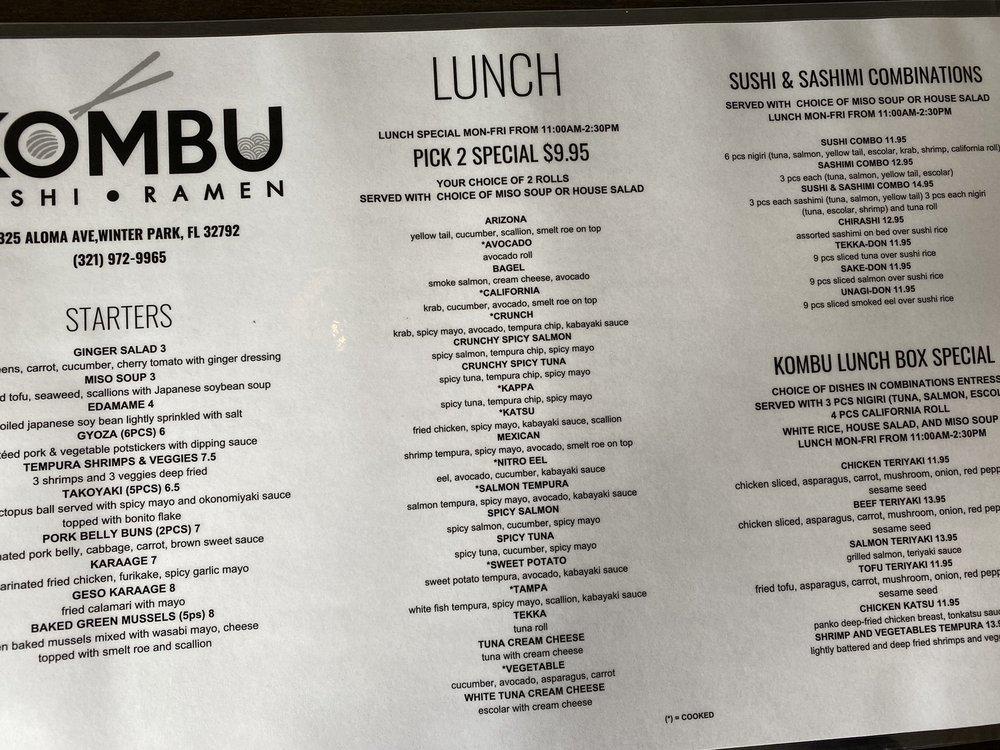 Menu at Kombu Sushi Ramen restaurant, Winter Park