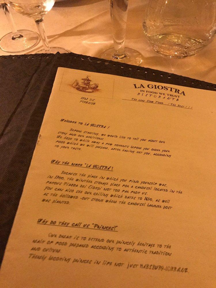 Menu at La Giostra restaurant, Florence, Borgo Pinti