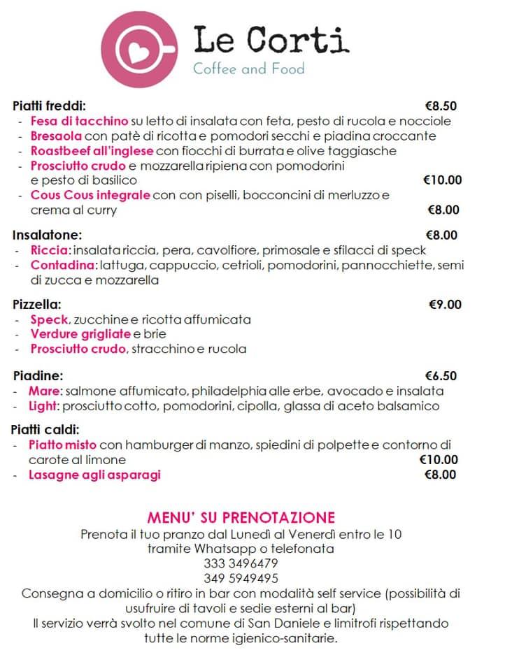 Menu at Le Corti Non Solo Caffè restaurant, San Daniele del Friuli