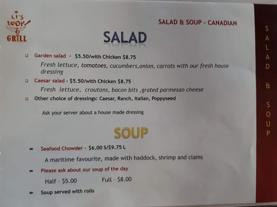 Menu at Li's Wok & Grill restaurant, Wolfville