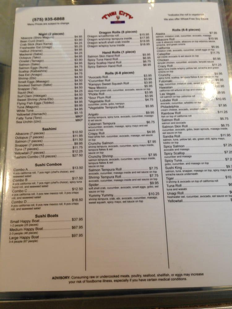 Menu at Thai City restaurant, Portales