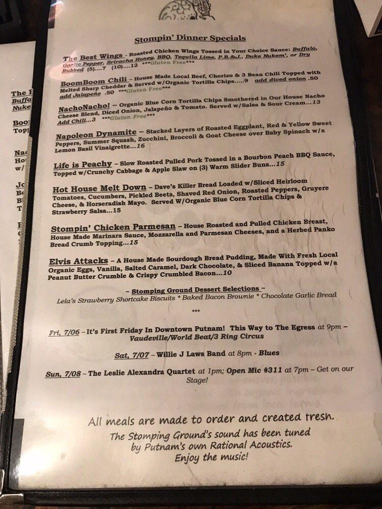 Menu at The Stomping Ground pub & bar, Putnam