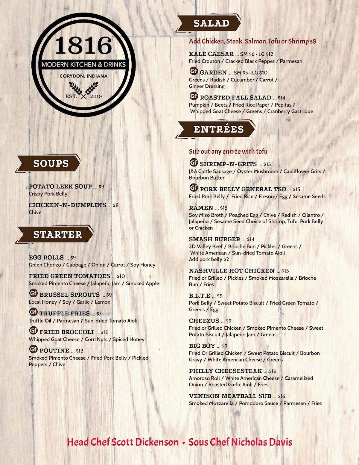 Menu at 1816 Modern Kitchen & Drinks restaurant, Corydon