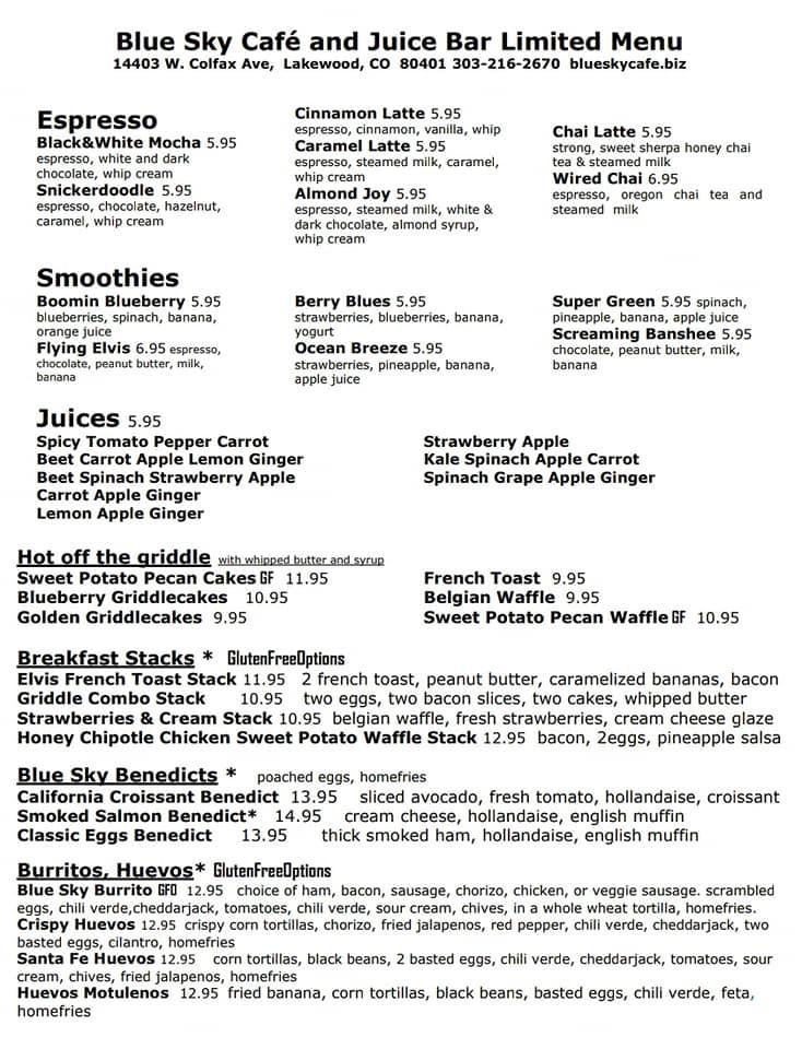 Menu at Blue Sky Cafe and Juice Bar, Lakewood, W Colfax Ave