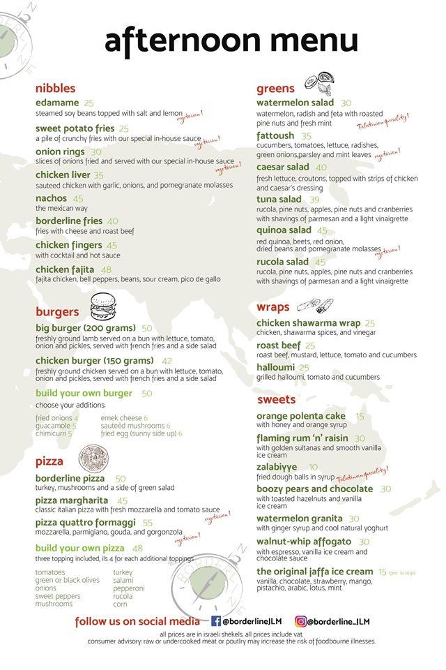 Menu at Borderline JLM restaurant, Jerusalem, 13 Shimon Hatsadik Street