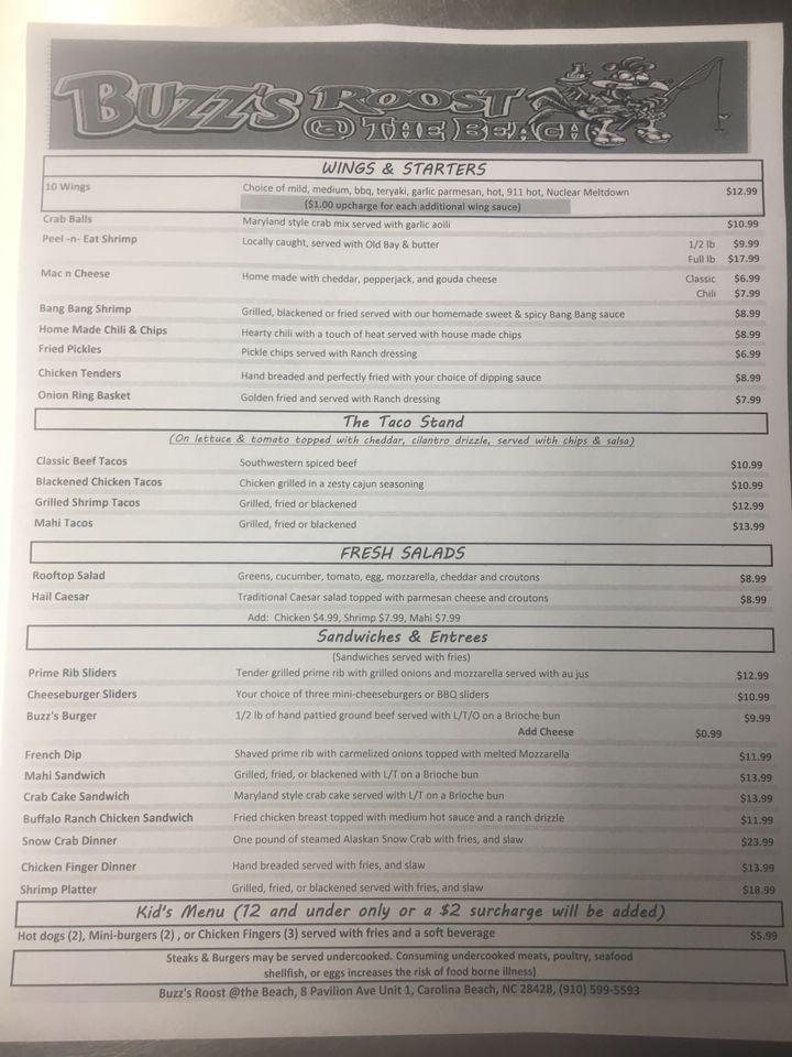 Menu at Buzz's Roost at the Beach pub & bar, Carolina Beach