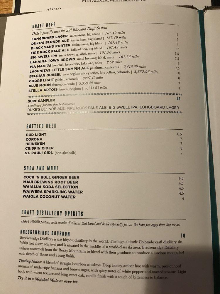 Menu at Duke's Waikiki pub & bar, Honolulu, Kalākaua Ave #116