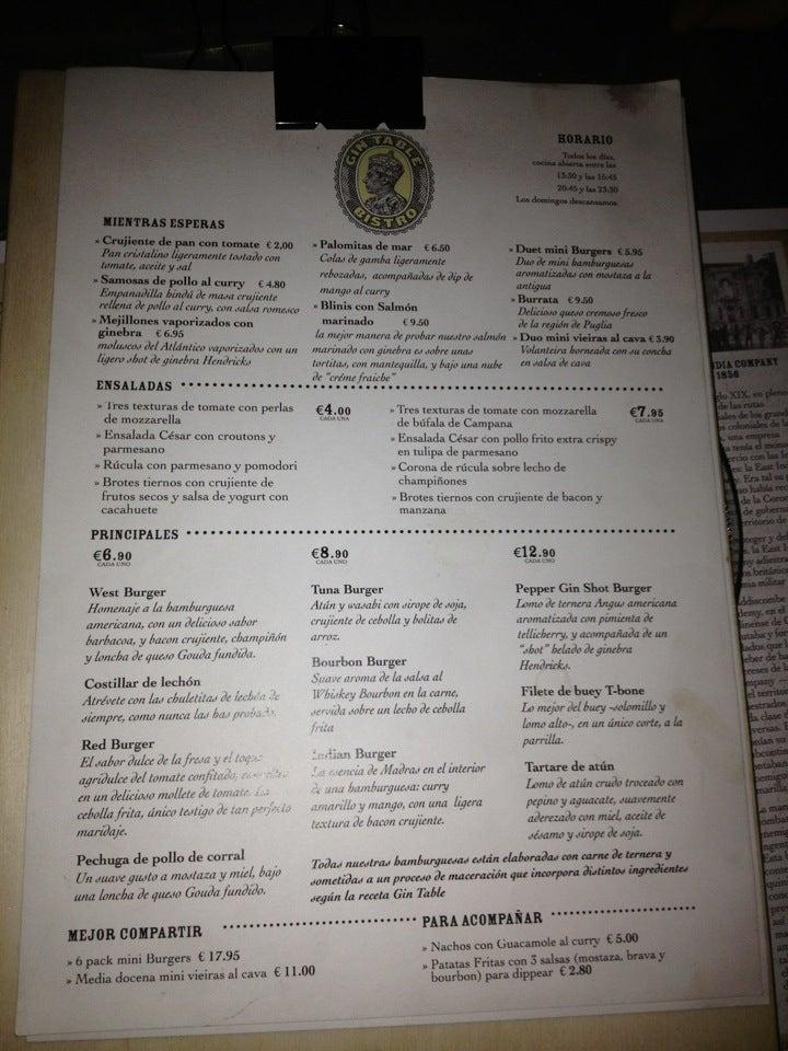 Menu at Gin Table Bistro restaurant, Madrid