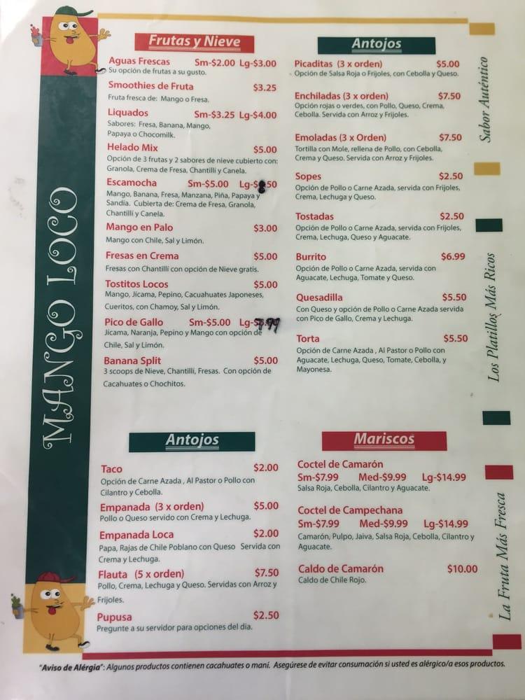 Carta del restaurante Mango Loco, Lafayette