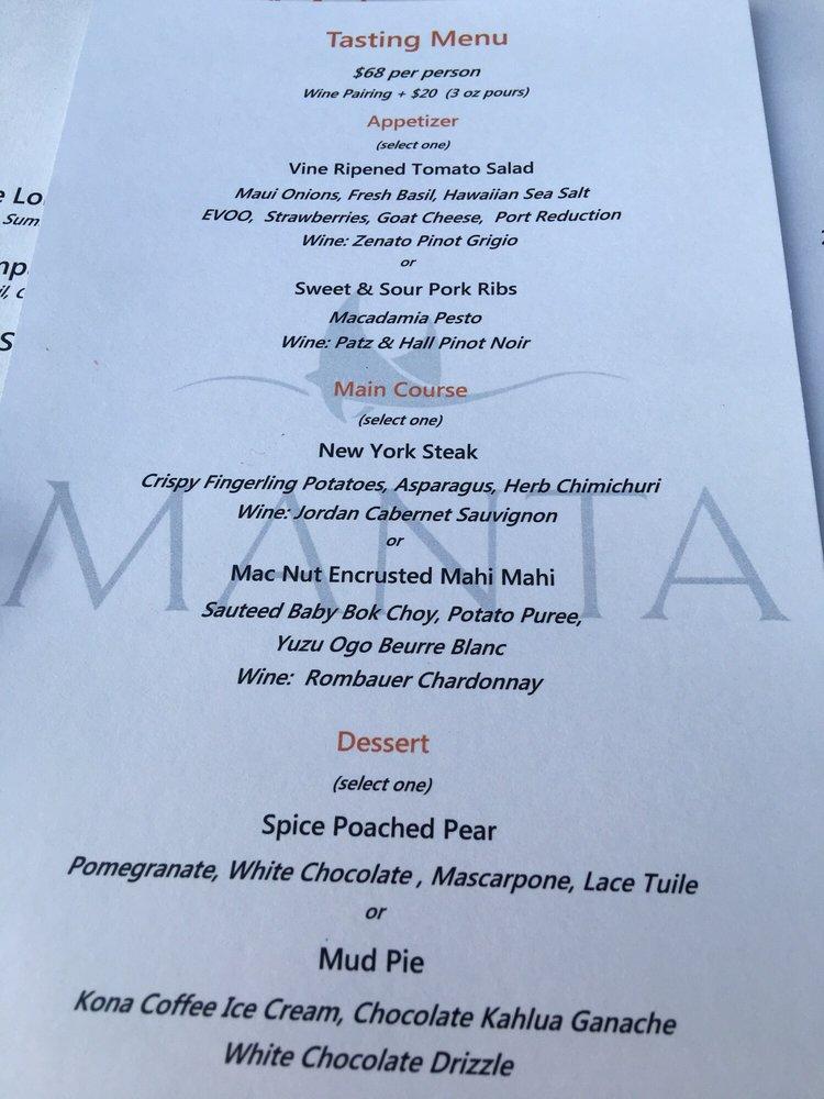 Menu at Manta Restaurant, Puako, Mauna Kea Beach Hotel