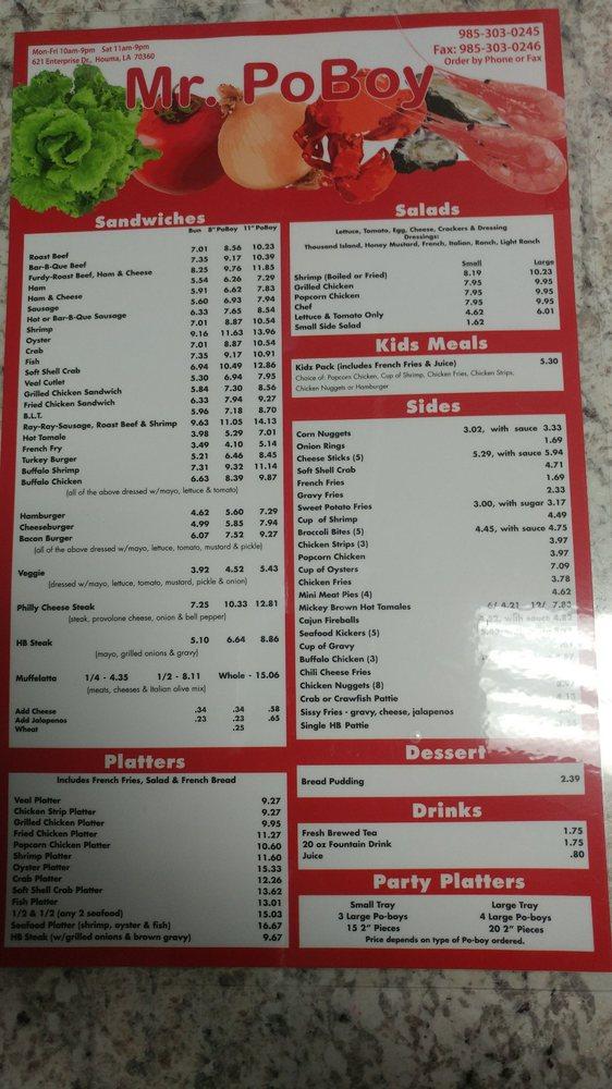 Menu at Mr. Po-Boy restaurant, Houma, 860 Grand Caillou Rd