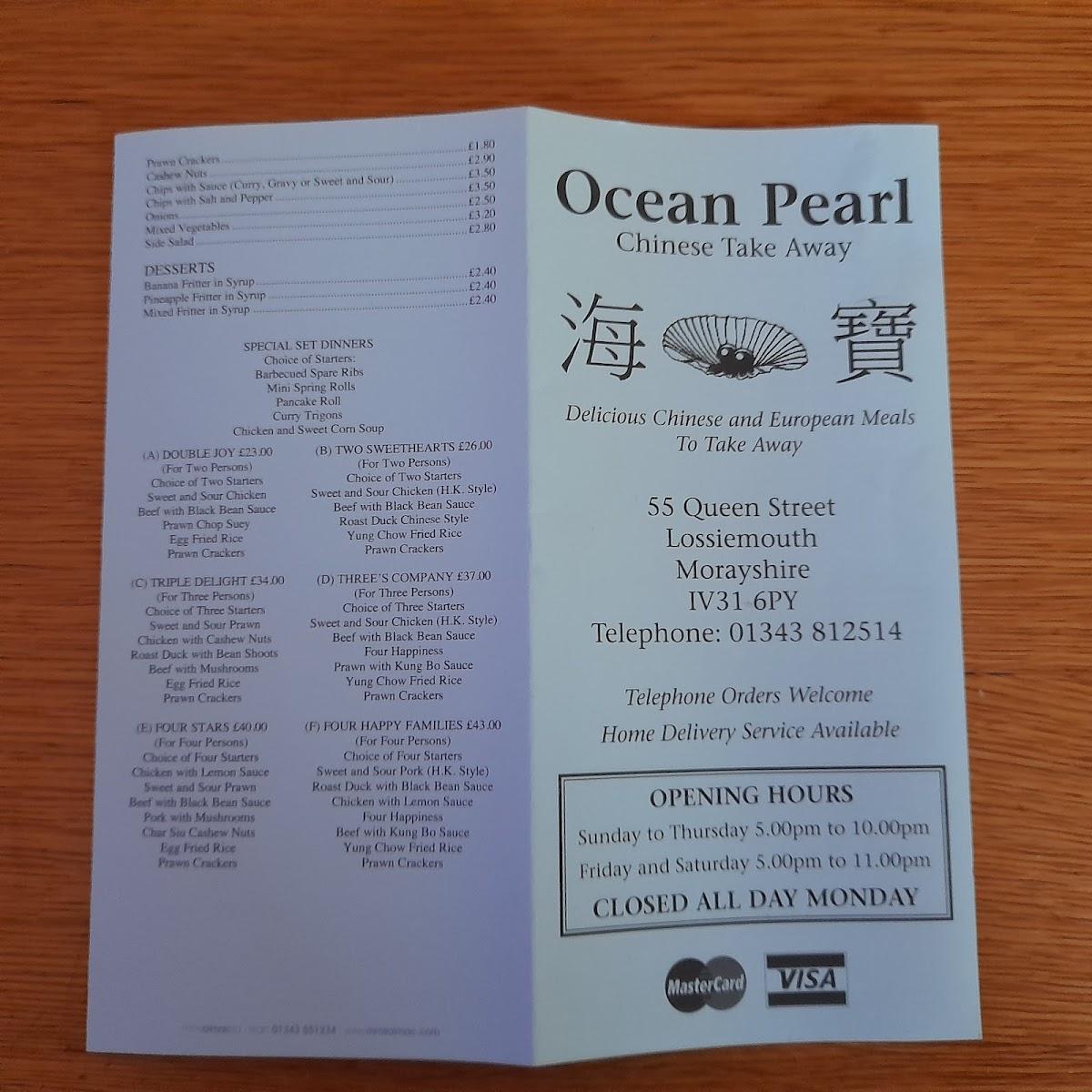 Menu at Ocean Pearl restaurant, Lossiemouth