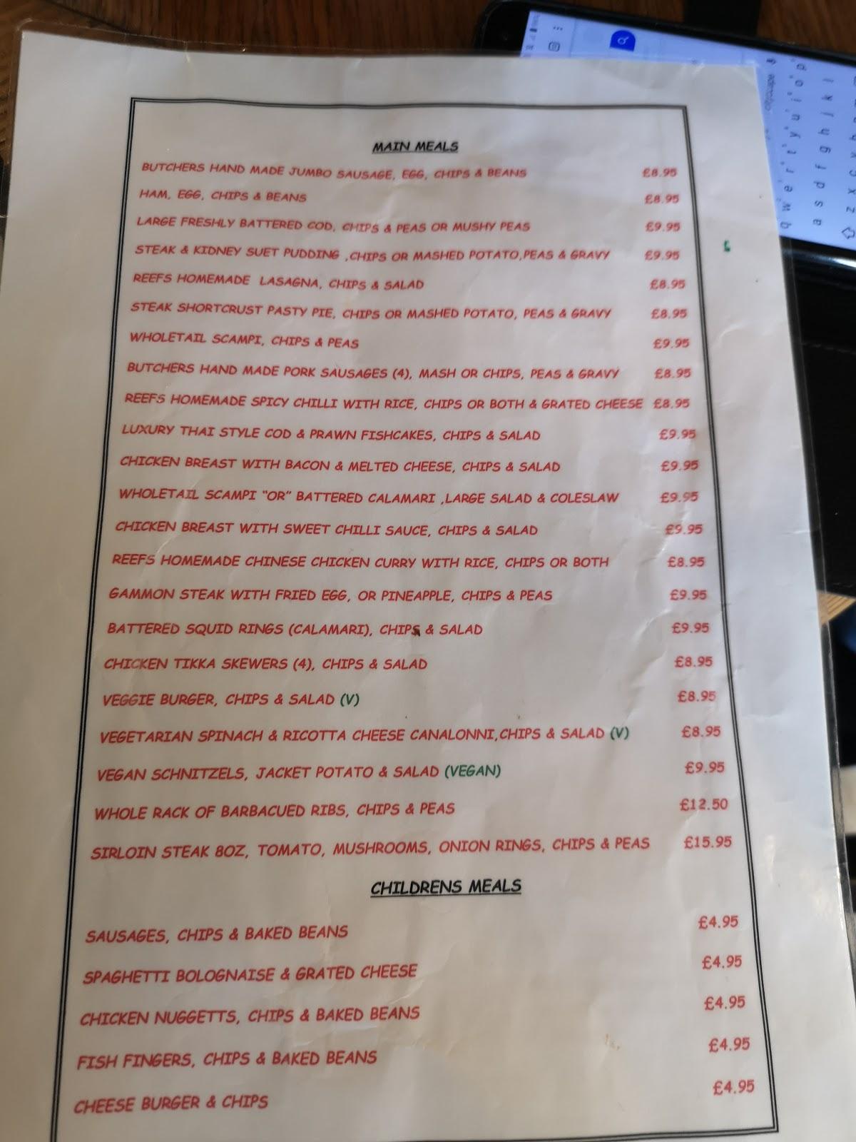 Menu at Reefs Bar, Sea Palling