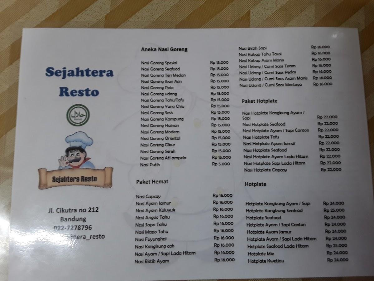 Menu at Sejahtera resto restaurant, Bandung