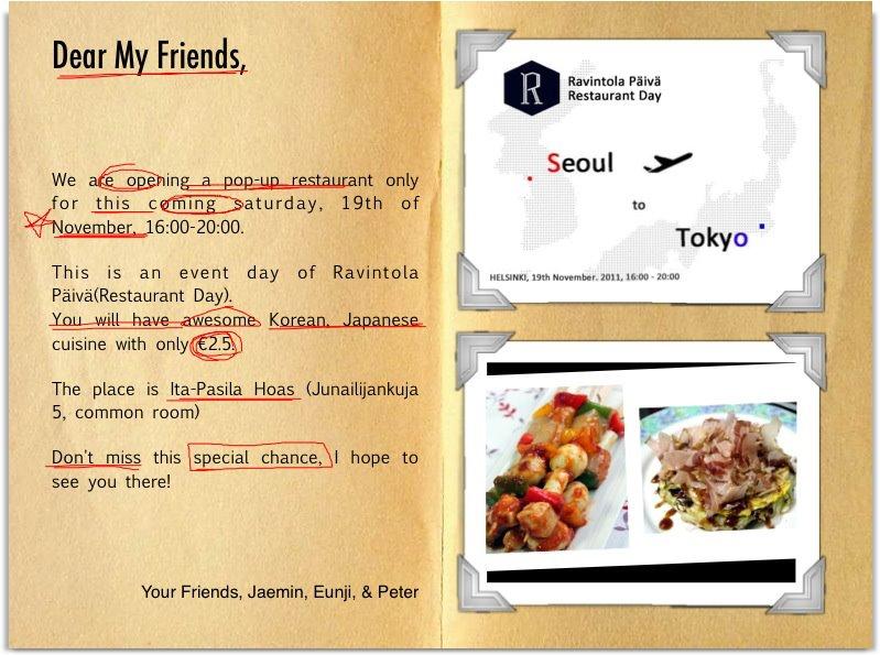 Menu at Seoul to Tokyo - Ravintola Päivä - Restaurant Day, Helsinki