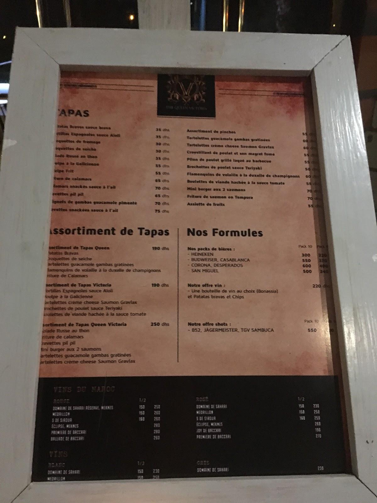 Menu at The Queen Victoria restaurant, Marrakesh