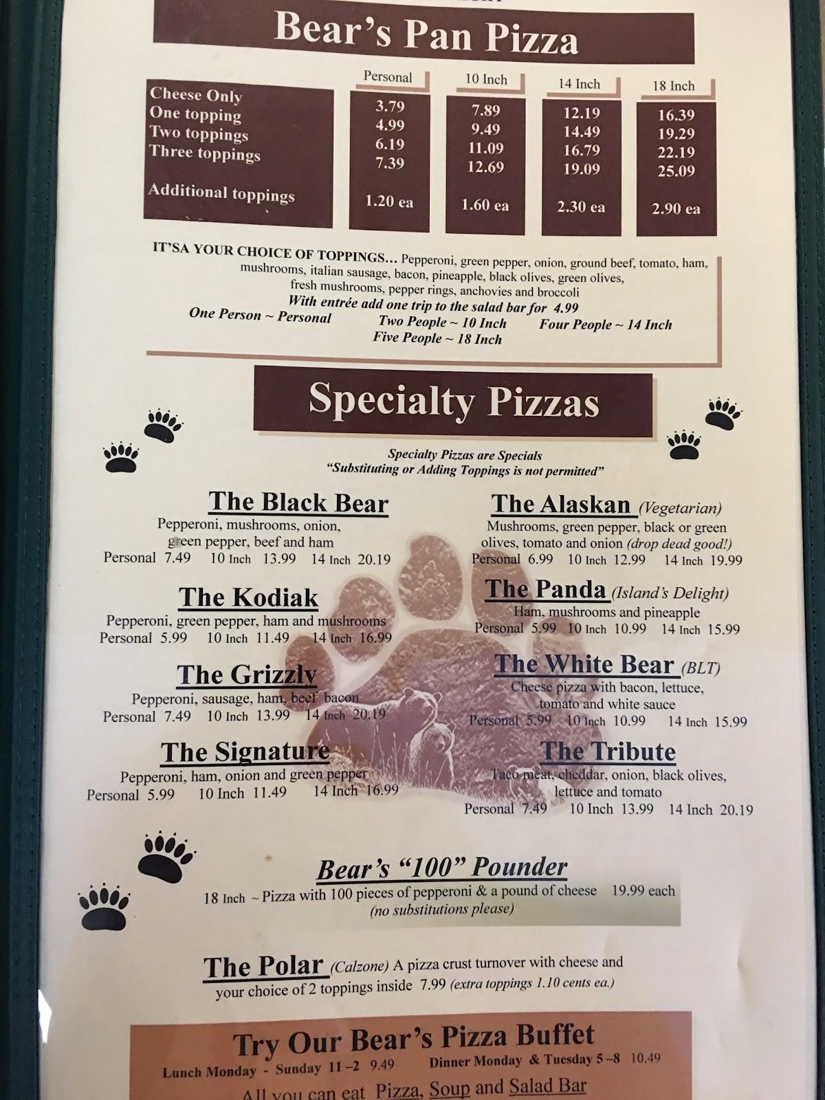 Menu at Bear's Den Pizzeria, Grayling