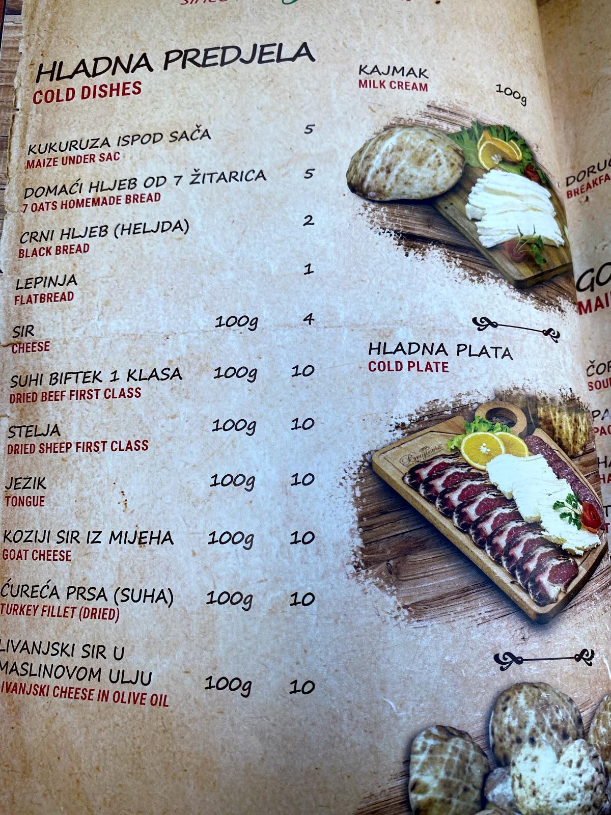 Menu at Brajlović Restaurant, Ilidža, Samira Ćatovića Kobre 6