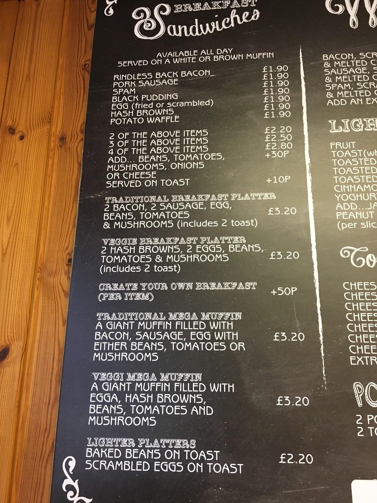 Menu at Butties fast food, Oldham, 102 Union St