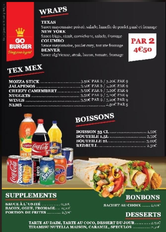 Menu au Go Burger restaurant, Montpellier
