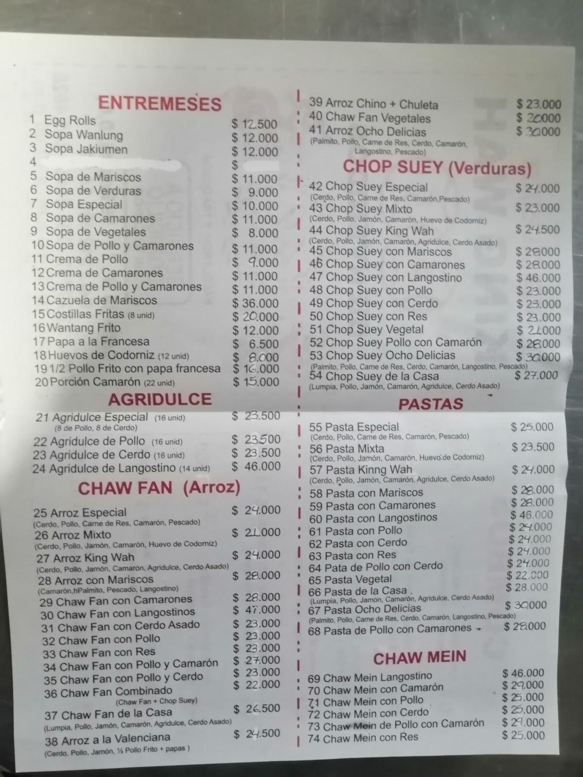 Menu at Restaurante Kin Wah, Bogotá