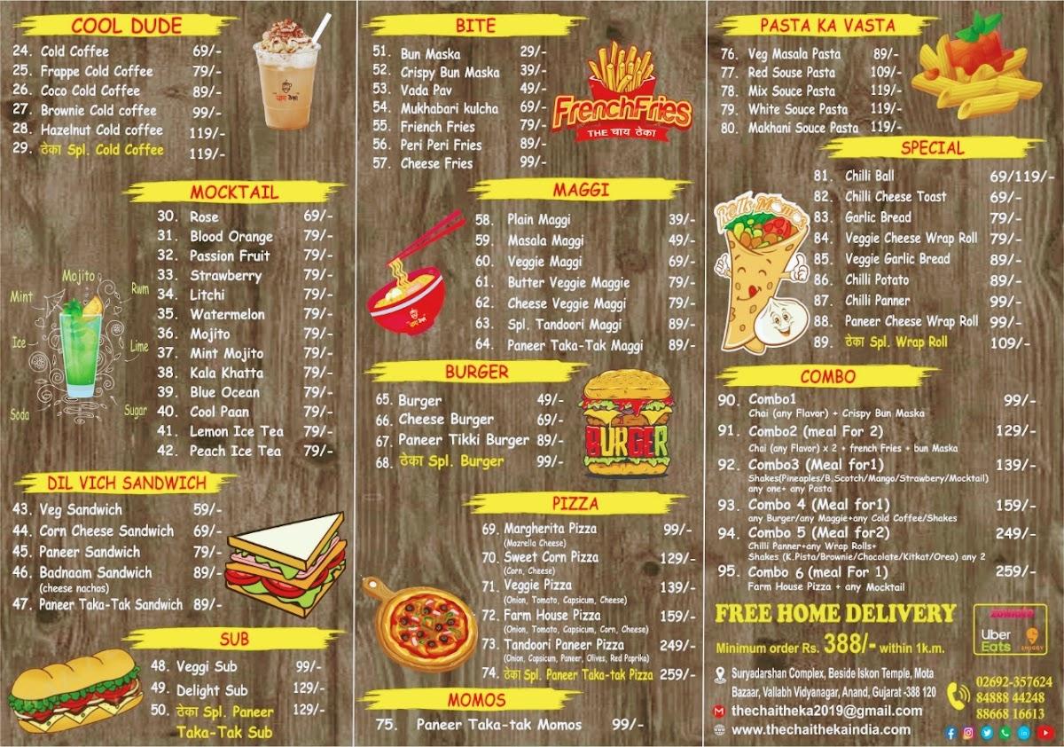 Menu at The chai theka, Anand
