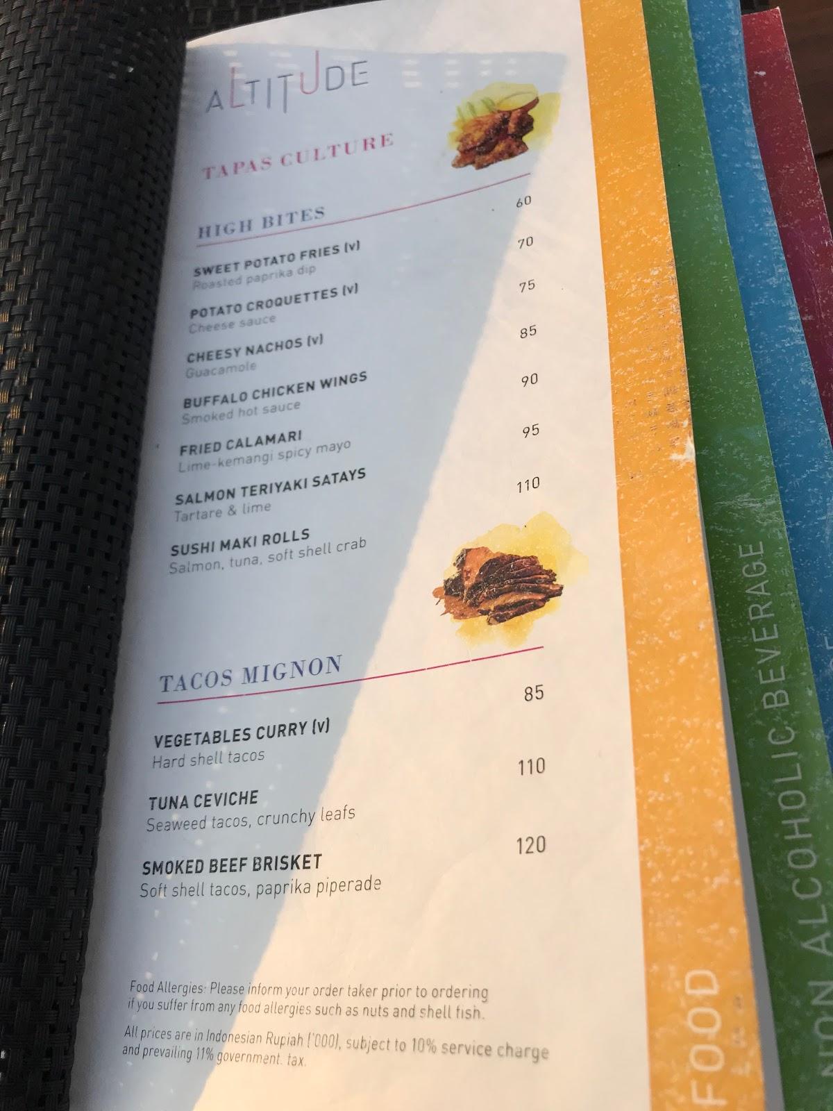 Menu at Altitude Rooftop Bar & Lounge, Batam