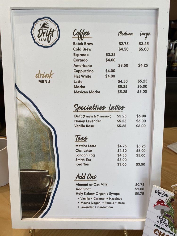 Carta de Drift Cafe, San Diego