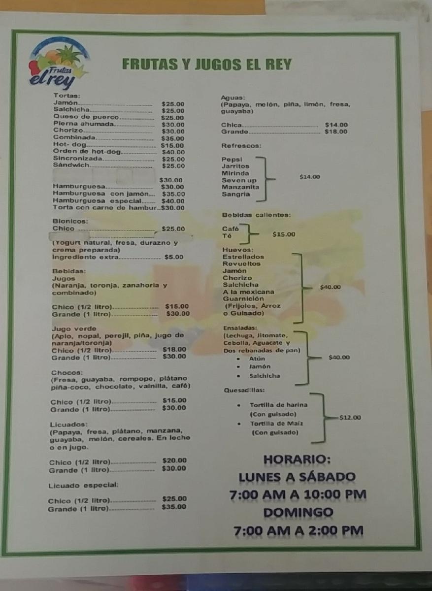 Menu at "El Rey" restaurant, Aguascalientes