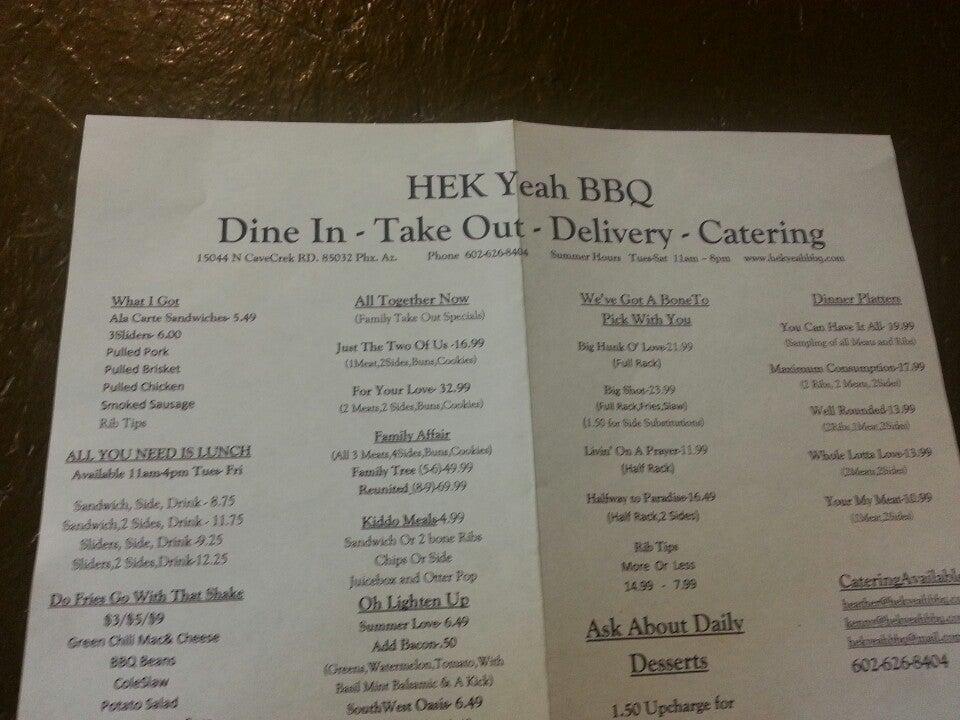 Menu at Heck Ya BBQ, Phoenix