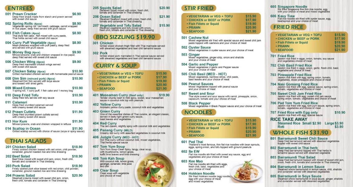 Menu at Kind-D Thai restaurant, Mount Hutton