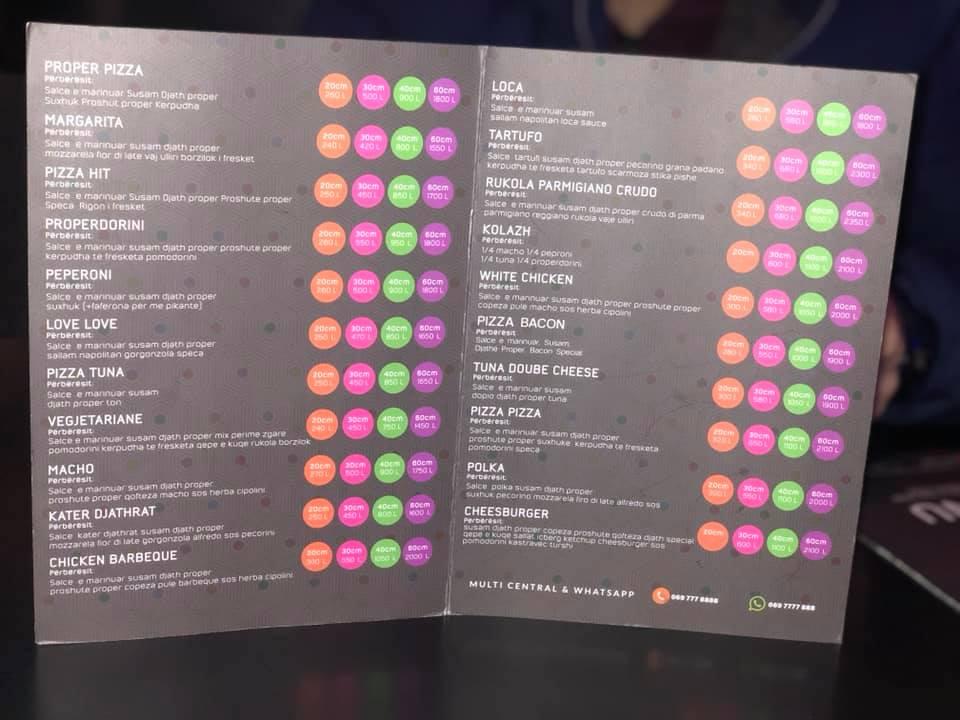 Menu at Proper Pizza Kruje restaurant, Fushë-Krujë