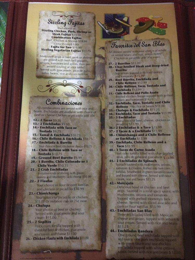 Menu at San Blas restaurant, Wilsonville