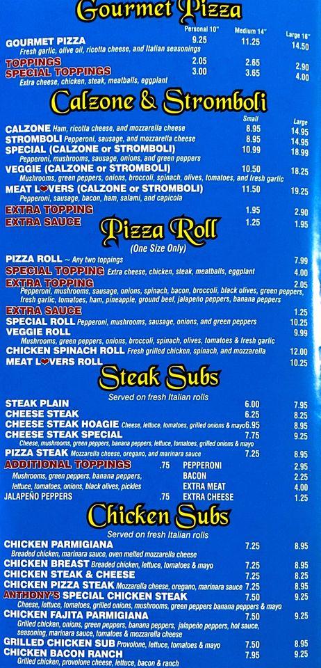 Menu at Anthony's Pizza pizzeria, Front Royal