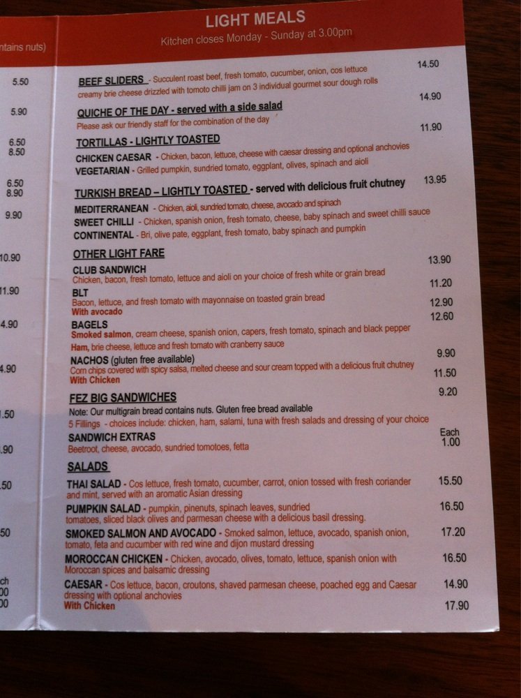 Menu at Caf-fez restaurant, Bunbury