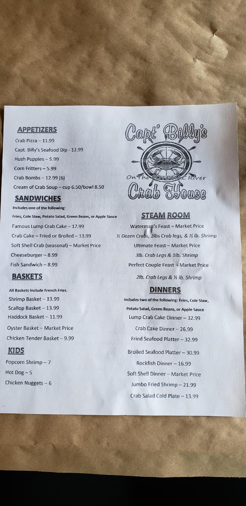 Menu at Captain Billy's Crab House restaurant, Popes Creek