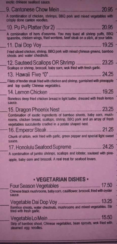 Menu at Huangs restaurant, Glace Bay