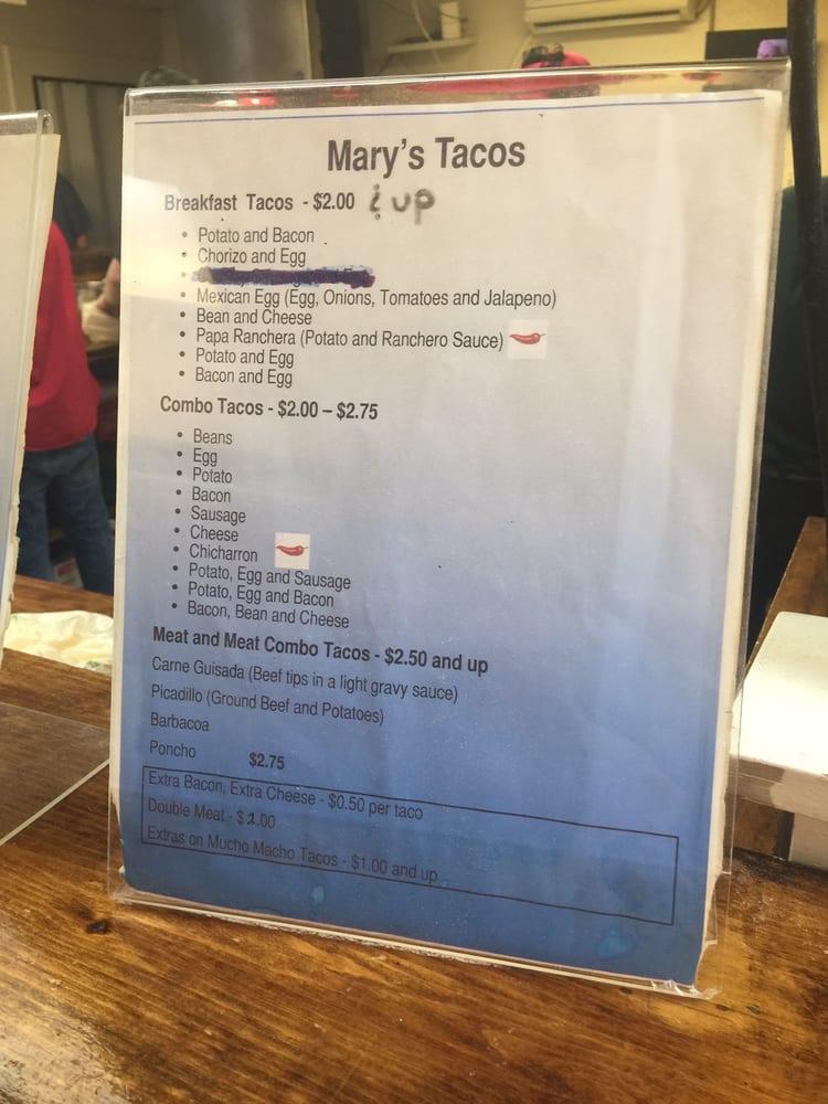 Menu at Mary's Tacos restaurant, Boerne