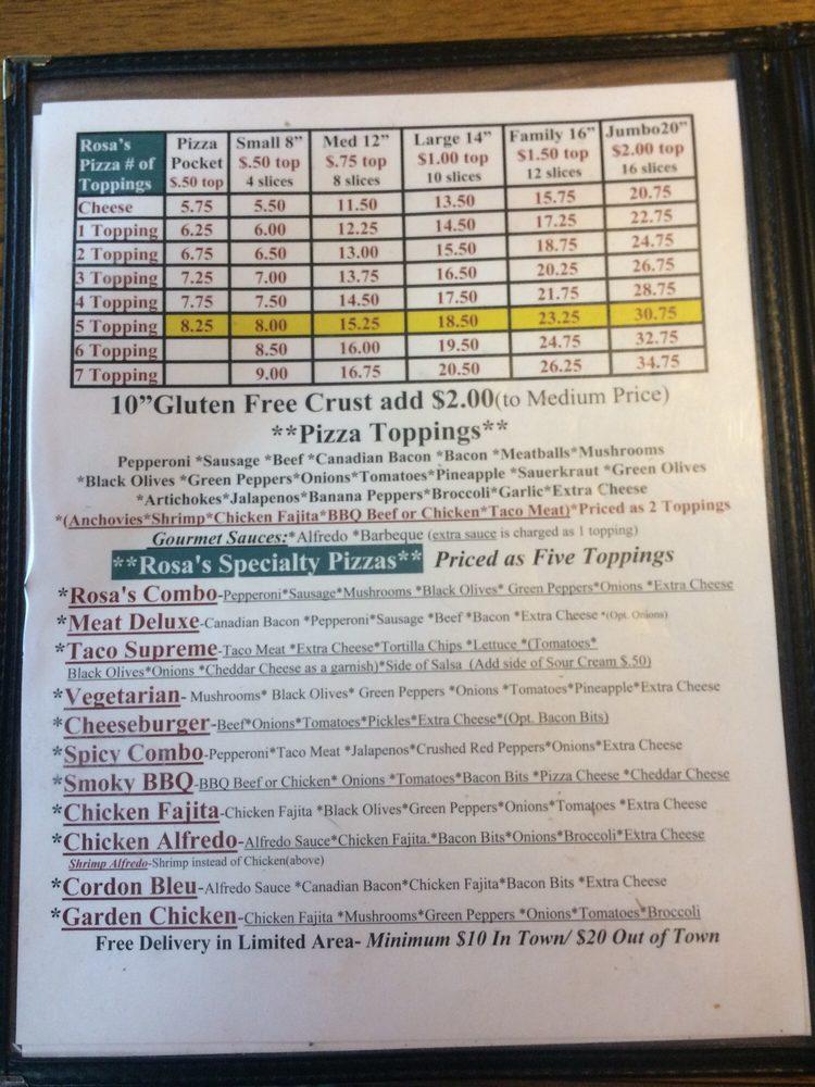 Menu at Rosa's Pizza pizzeria, Belgrade