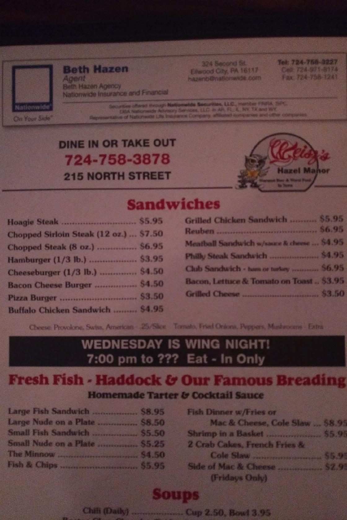Menu at Weisz Hazel Manor pub & bar, Ellwood City
